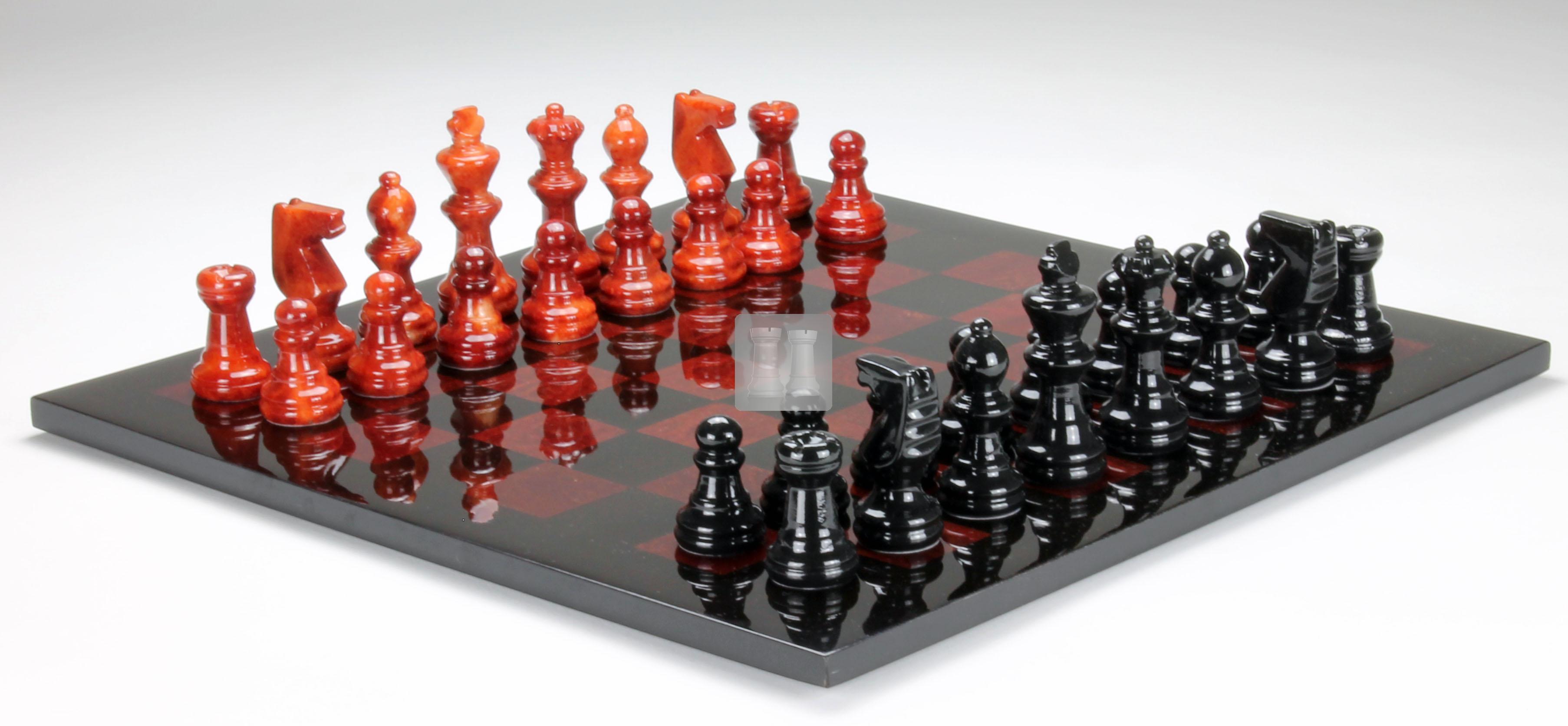 Completo scacchi in alabastro rosso/nero